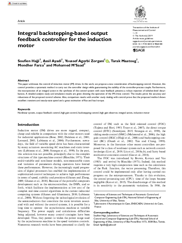 (PDF) Integral backstepping-based output feedback controller for the induction motor