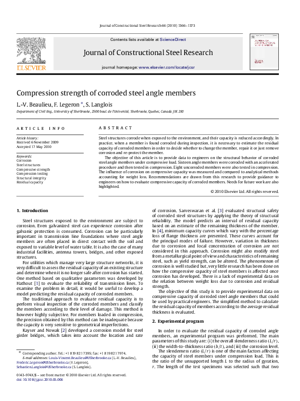 (PDF) Compression strength of corroded steel angle members