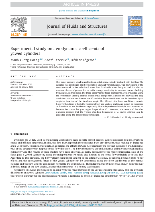 (PDF) Experimental study on aerodynamic coefficients of yawed cylinders