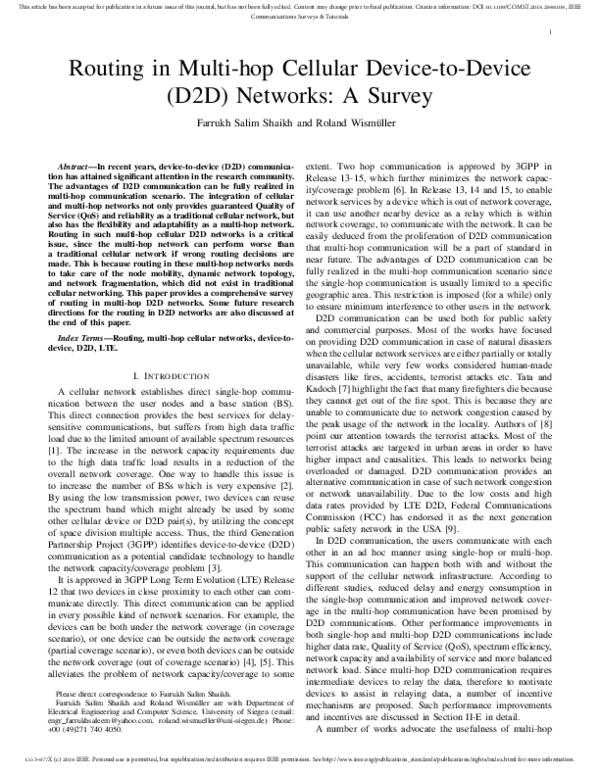 (PDF) Routing in Multi-Hop Cellular Device-to-Device (D2D) Networks: A Survey