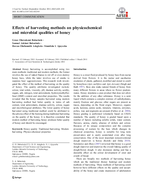(PDF) Effects of harvesting methods on physicochemical and microbial qualities of honey