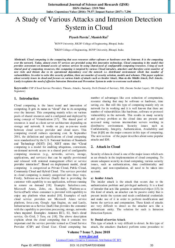 (PDF) A Study of Various Attacks and Intrusion Detection System in Cloud