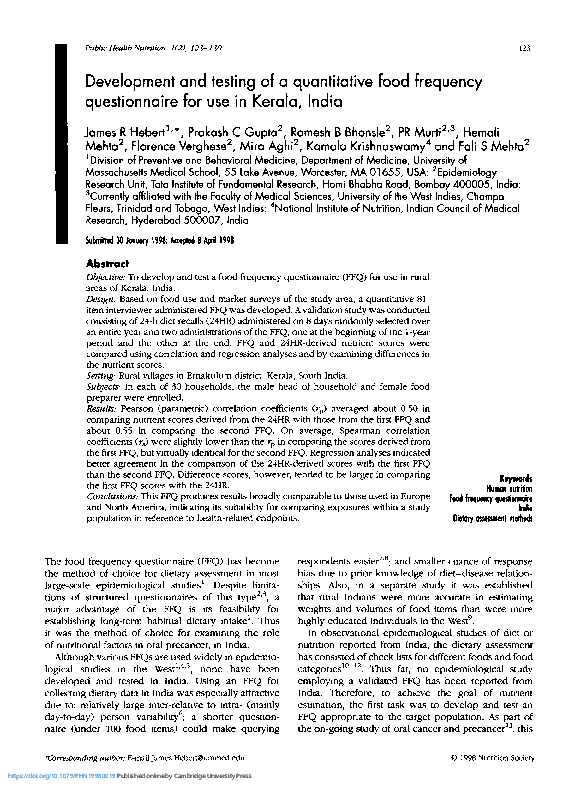 (PDF) Development and testing of a quantitative food frequency ...