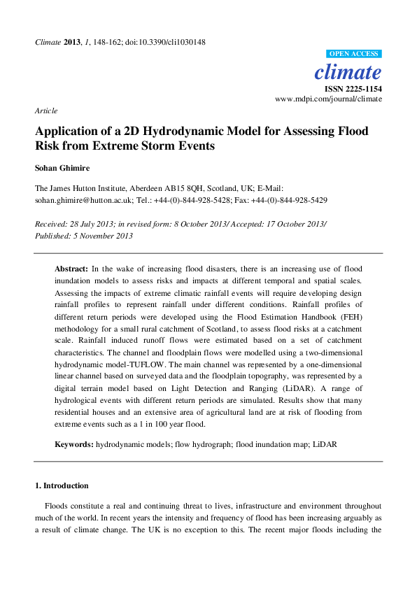 Pdf Application Of A 2d Hydrodynamic Model For Assessing Flood Risk From Extreme Storm Events