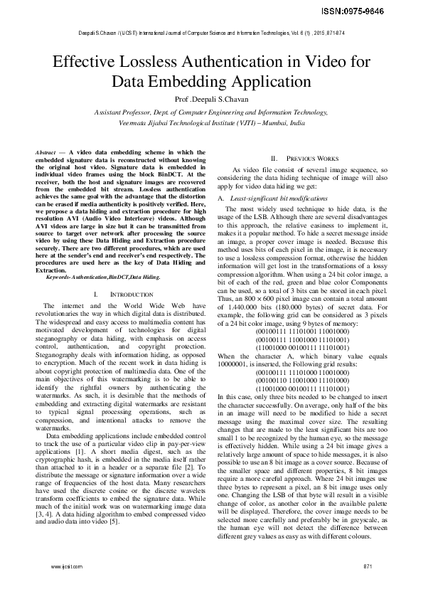 (PDF) Effective Lossless Authentication in Video for Data Embedding Application