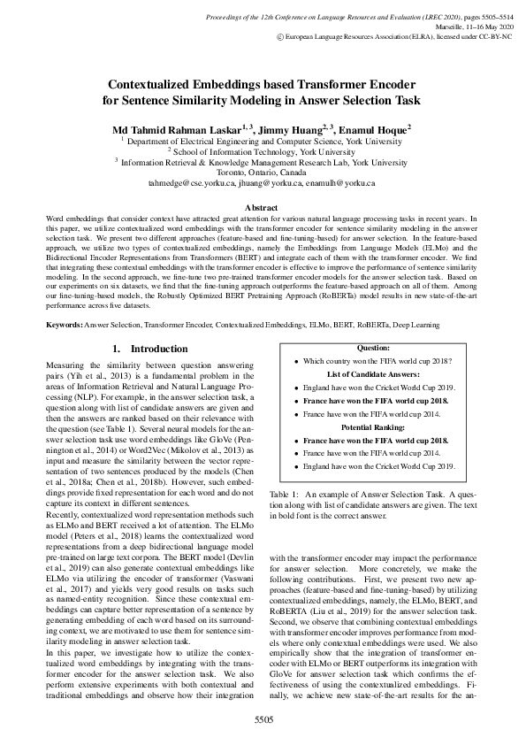 (PDF) Contextualized Embeddings based Transformer Encoder for Sentence Similarity Modeling in ...