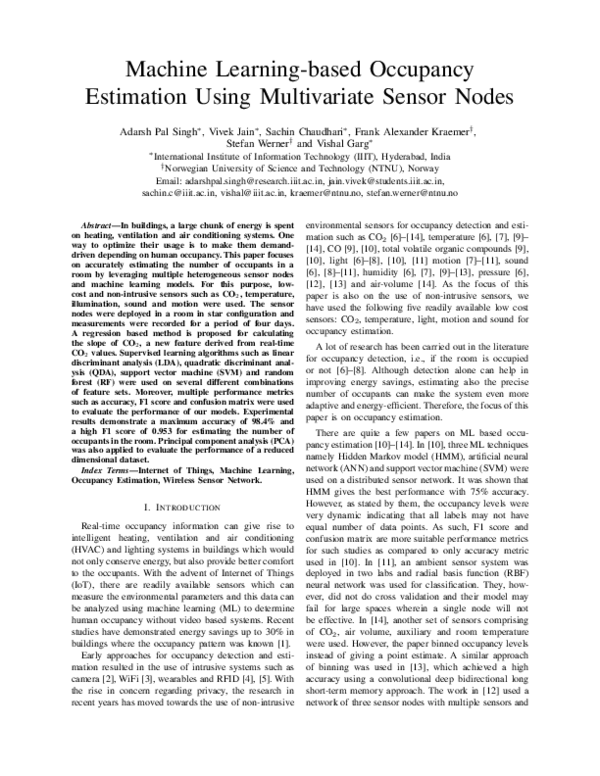 Pdf Machine Learning Based Occupancy Estimation Using Multivariate Sensor Nodes