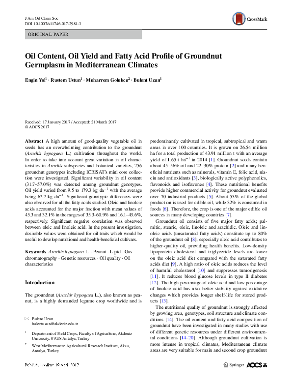 (PDF) Oil Content, Oil Yield and Fatty Acid Profile of Groundnut ...