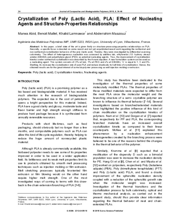 (PDF) Crystallization of Poly (Lactic Acid), PLA: Effect of Nucleating Agents and Structure ...