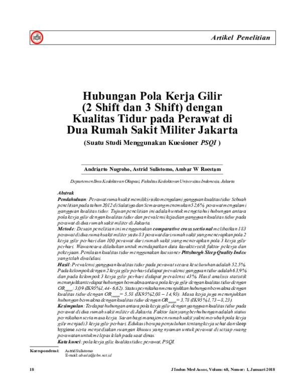 (PDF) Hubungan Pola Kerja Gilir (2 Shift dan 3 Shift) dengan Kualitas Tidur pada Perawat di Dua ...