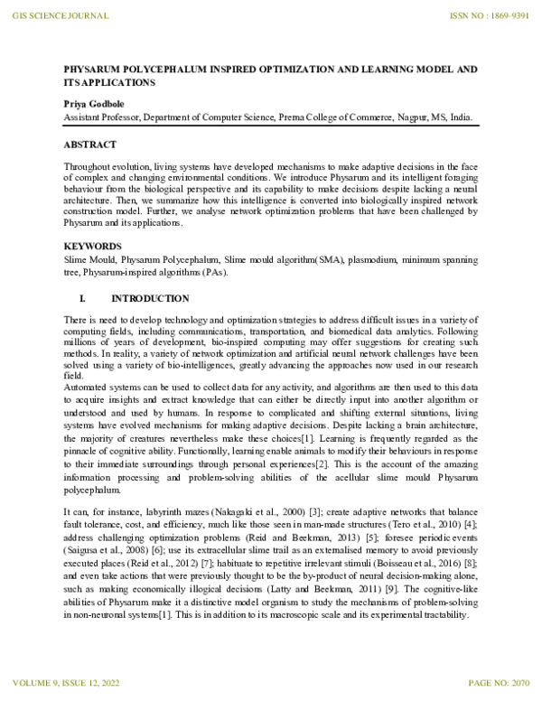 Pdf Physarum Polycephalum Inspired Optimization And Learning Model And Its Applications