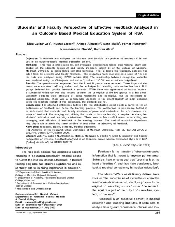 (PDF) Students and Faculty Perspective of Effective Feedback Analyzed ...