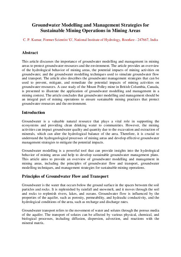 Pdf Groundwater Modelling And Management Strategies For Sustainable Mining Operations In