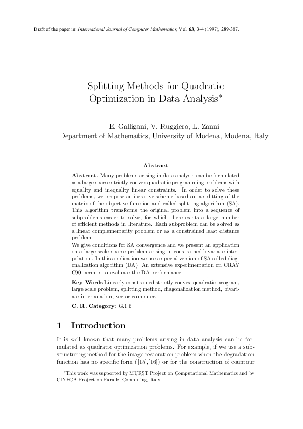 (PDF) Splitting methods for quadratic optimization in data analysis