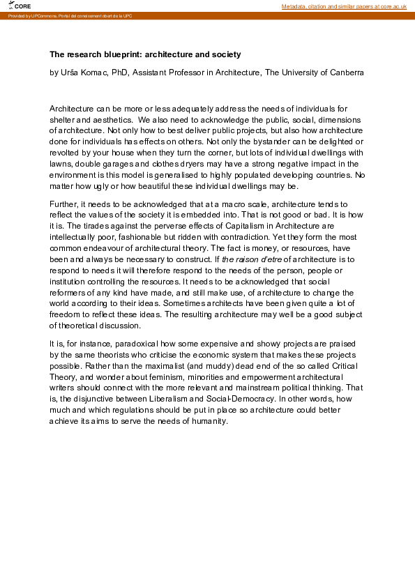 (PDF) The research blueprint: architecture and society