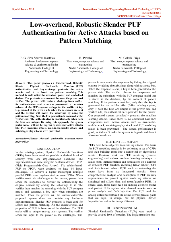 (PDF) Low-overhead, Robustic Slender PUF Authentication for Active Attacks based on Pattern Matching