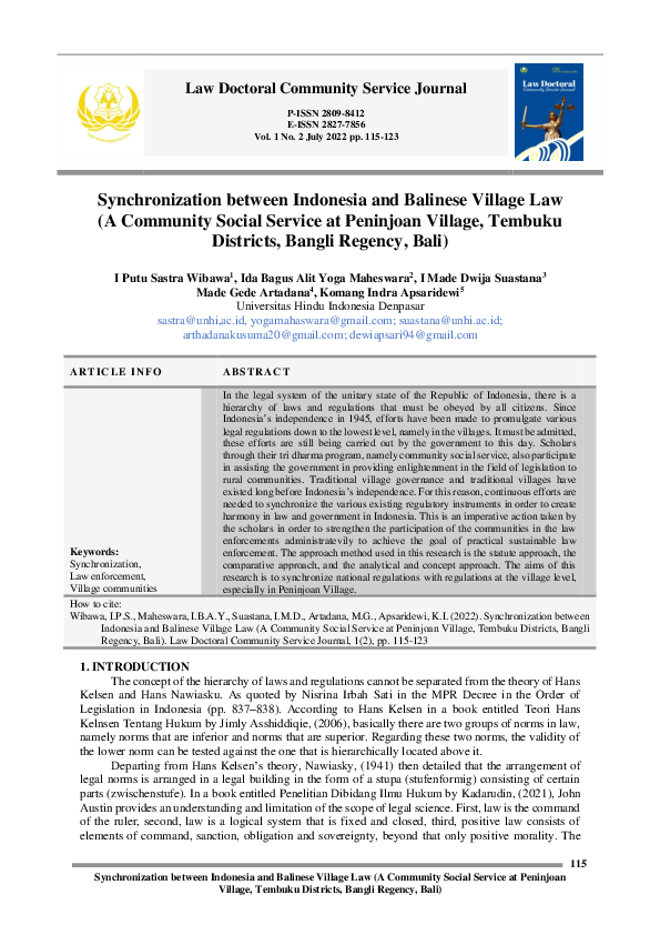 (PDF) Synchronization between Indonesia and Balinese Village Law (A ...