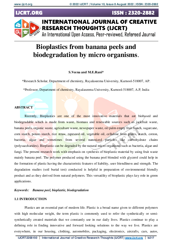 (PDF) Bioplastics from banana peels and biodegradation by micro organisms
