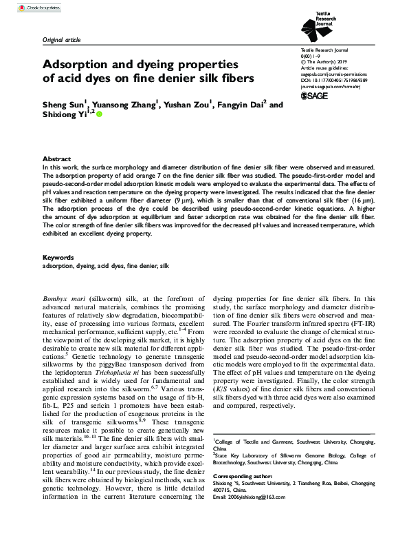 (PDF) Adsorption and dyeing properties of acid dyes on fine denier silk ...