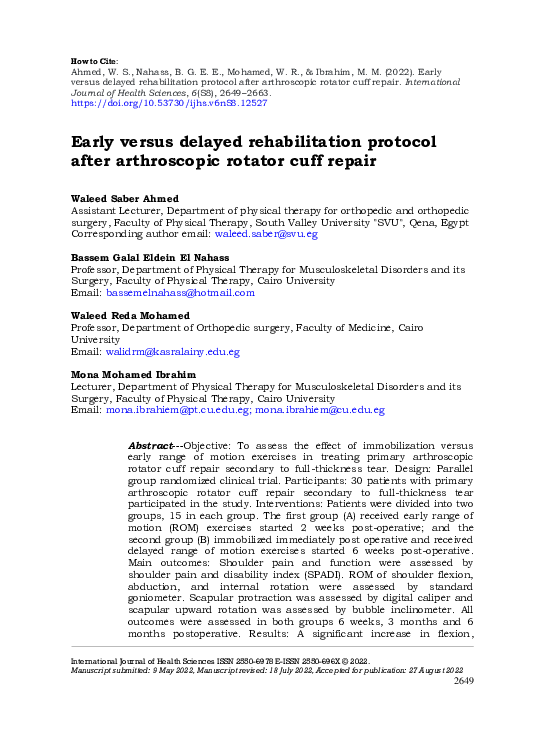 (PDF) Early versus delayed rehabilitation protocol after arthroscopic rotator cuff repair
