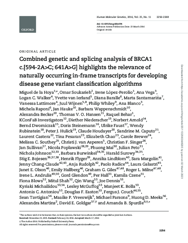 (PDF) Combined genetic and splicing analysis of BRCA1 c.[594-2A>C; 641A ...