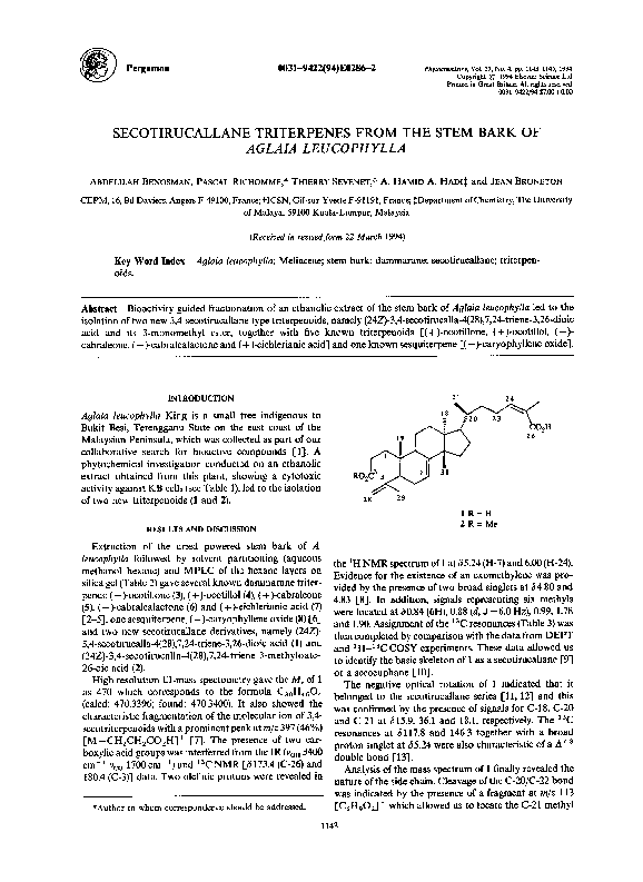 (PDF) Secotirucallane triterpenes from the stem bark of Aglaia leucophylla