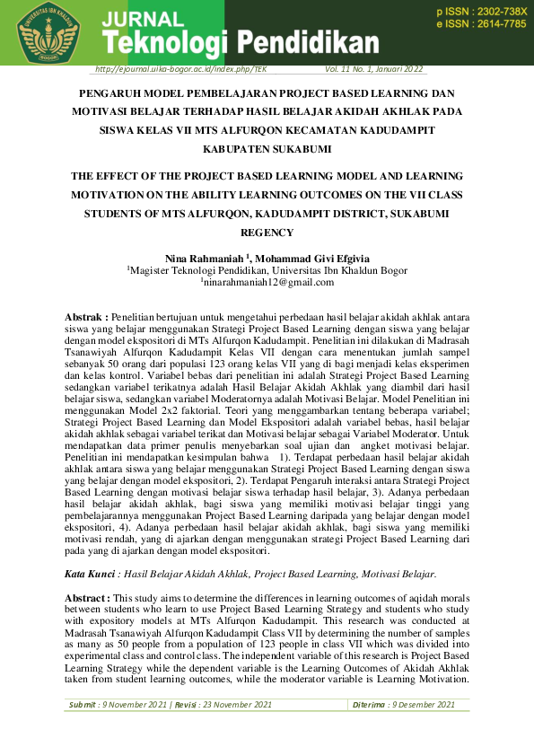 (PDF) Pengaruh Model Pembelajaran Project Based Learning Terhadap Kemampuan Berpikir Kreatif ...