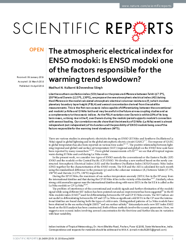 (PDF) The atmospheric electrical index for ENSO modoki: Is ENSO modoki ...