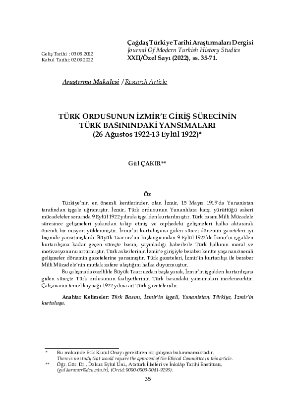 (PDF) Türk Ordusunun İzmir'e Giriş Sürecinin Türk Basınındaki ...
