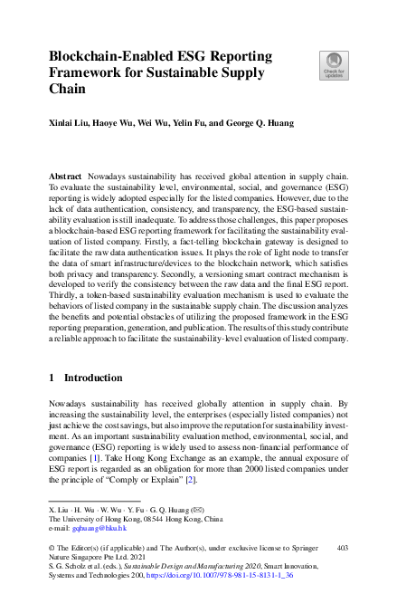 (PDF) Blockchain-Enabled ESG Reporting Framework for Sustainable Supply Chain