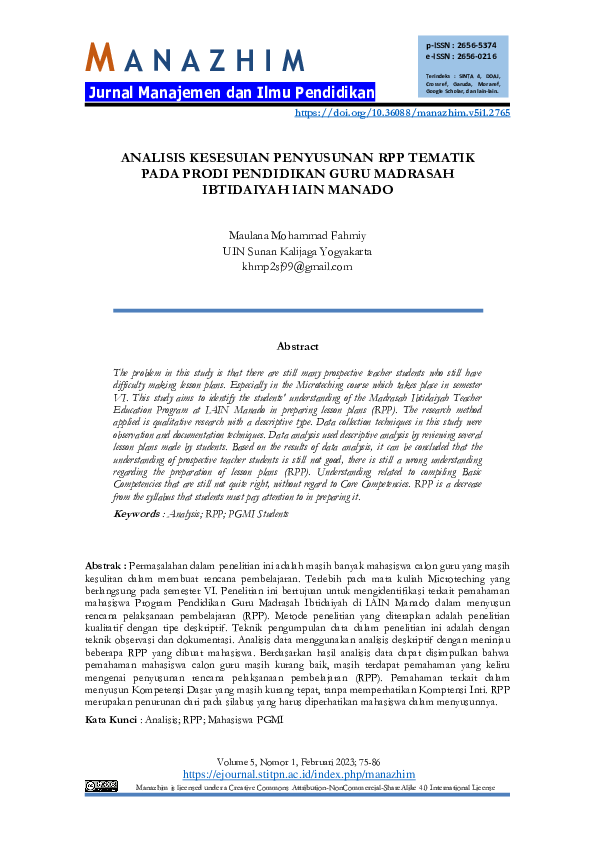 (PDF) Analisis Kesesuian Penyusunan RPP Tematik pada Prodi Pendidikan ...