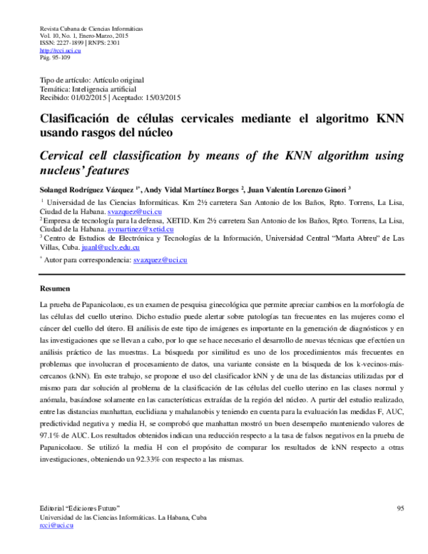 (PDF) Clasificación de células cervicales mediante el algoritmo KNN usando rasgos del núcleo