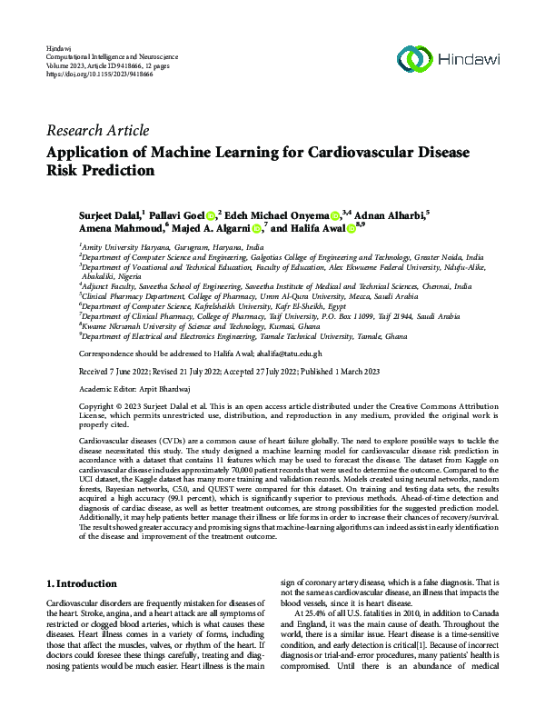 Pdf Application Of Machine Learning For Cardiovascular Disease Risk