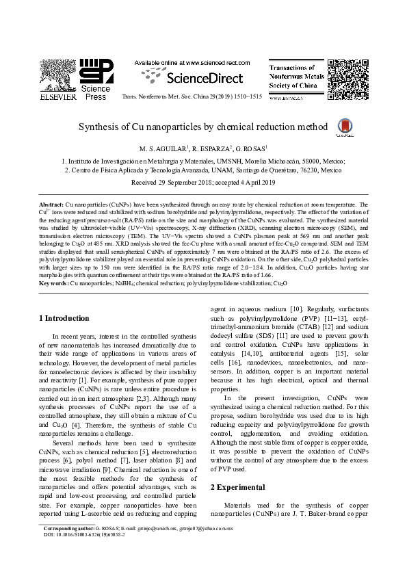 (PDF) Synthesis of Cu nanoparticles by chemical reduction method
