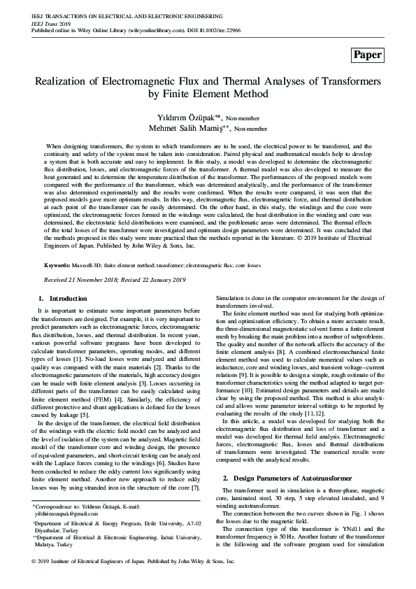 (PDF) Realization of electromagnetic flux and thermal analyses of transformers by finite element ...