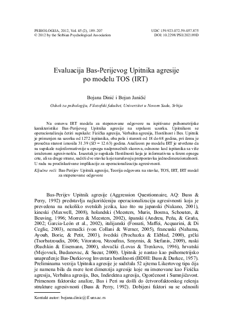 (PDF) Evaluation of Buss-Perry aggression Questionnaire with item ...