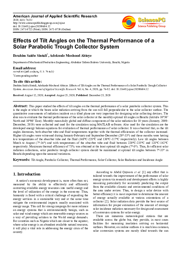 (PDF) Effects of Tilt Angles on the Thermal Performance of a Solar Parabolic Trough Collector System