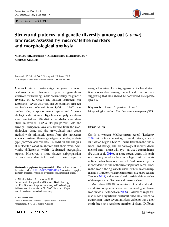 (PDF) Structural patterns and genetic diversity among oat (Avena) landraces assessed by ...