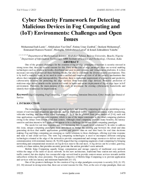 Pdf Cyber Security Framework For Detecting Malicious Devices In Fog