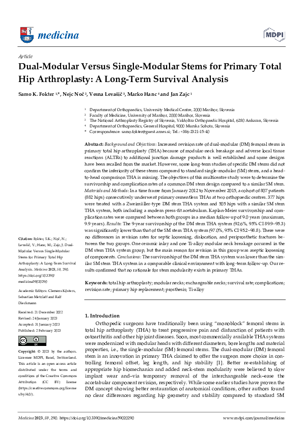 (PDF) Dual-Modular Versus Single-Modular Stems for Primary Total Hip ...