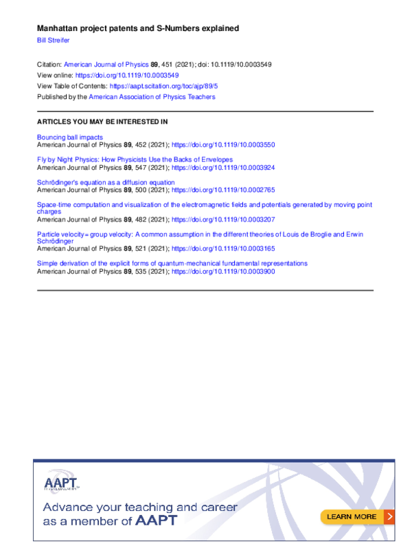 (PDF) Manhattan project patents and S-Numbers explained