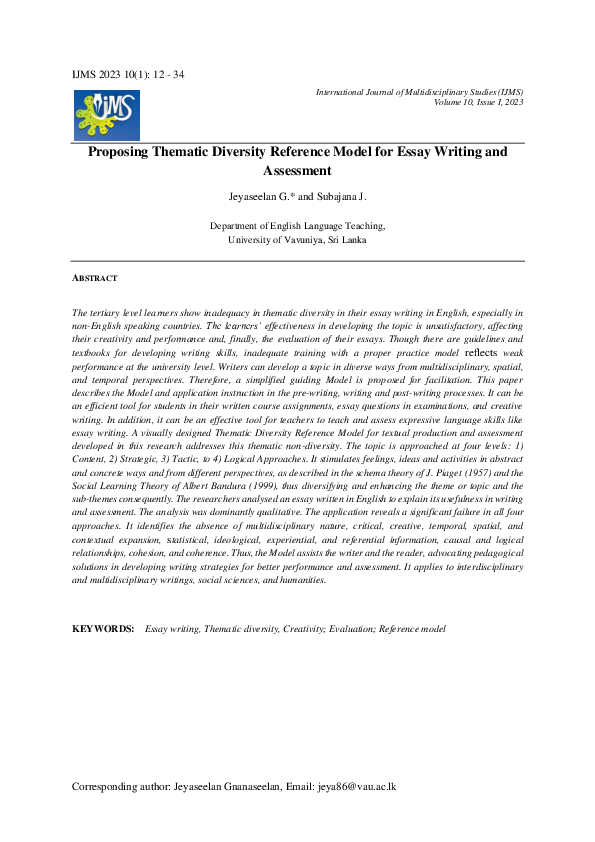 (PDF) Proposing Thematic Diversity Reference Model for Essay Writing ...