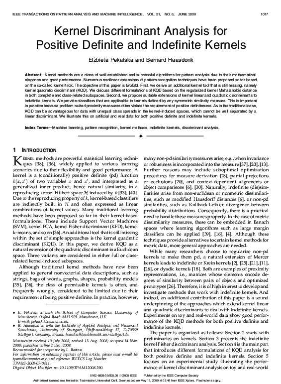 (PDF) Kernel Discriminant Analysis for Positive Definite and Indefinite Kernels