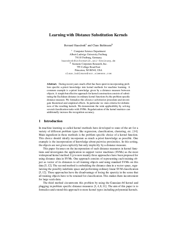 (PDF) Learning with Distance Substitution Kernels