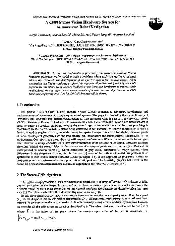 (PDF) A CNN stereo vision hardware system for autonomous robot navigation