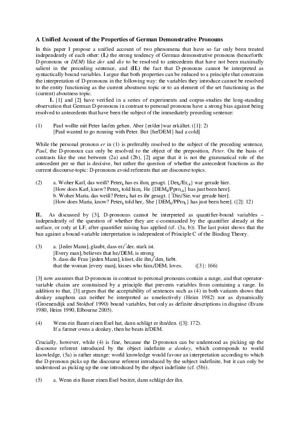 (PDF) A Unified Account of the Properties of German Demonstrative Pronouns