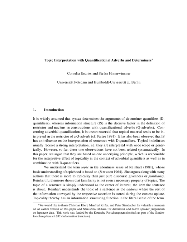 (PDF) Topic interpretation with quantificational adverbs and determiners