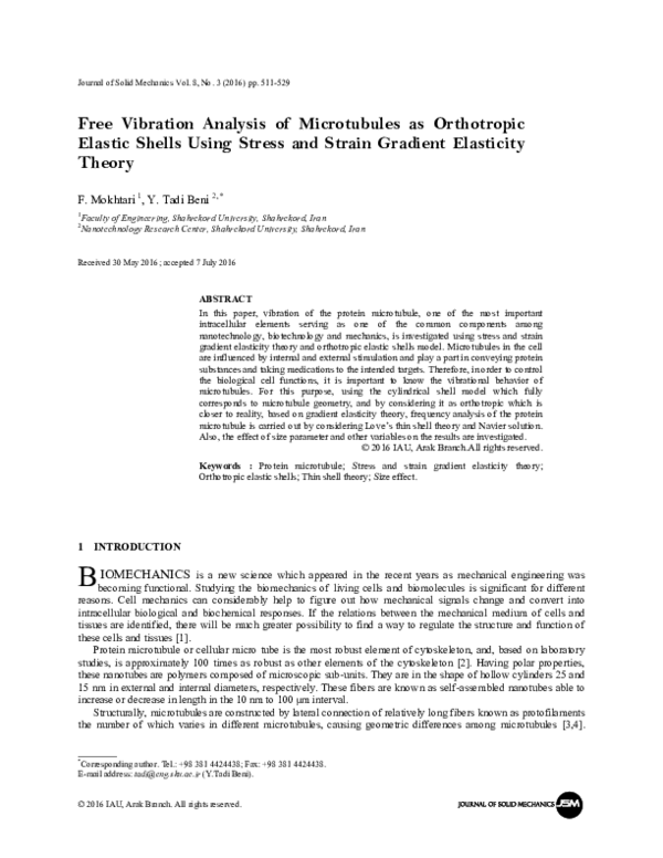 (PDF) Free Vibration Analysis of Microtubules as Orthotropic Elastic Shells Using Stress and ...