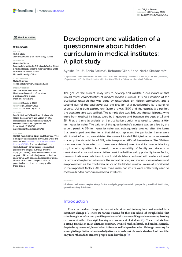 (PDF) Development and validation of a questionnaire about hidden curriculum in medical ...
