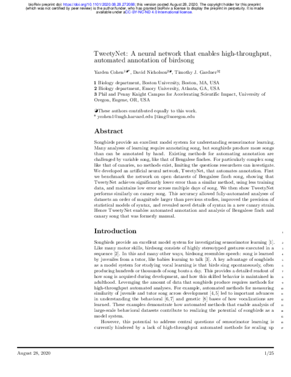 (PDF) TweetyNet: A neural network that enables high-throughput, automated annotation of birdsong